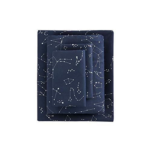 Wake In Cloud - Constellation Sheet Set, Navy Blue with White Space Stars Pattern Printed, Soft Microfiber Bedding (4pcs, Full Size)