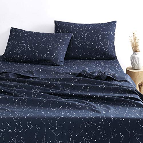 Wake In Cloud - Constellation Sheet Set, Navy Blue with White Space Stars Pattern Printed, Soft Microfiber Bedding (4pcs, Full Size)