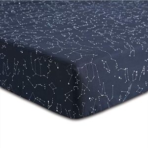 Wake In Cloud - Constellation Sheet Set, Navy Blue with White Space Stars Pattern Printed, Soft Microfiber Bedding (4pcs, Full Size)