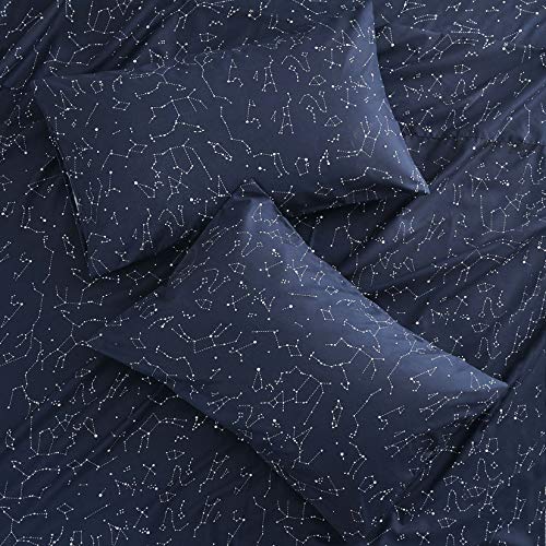 Wake In Cloud - Constellation Sheet Set, Navy Blue with White Space Stars Pattern Printed, Soft Microfiber Bedding (4pcs, Full Size)