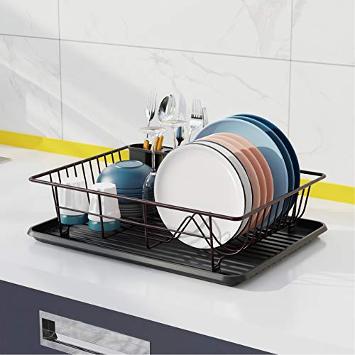 GSlife Dish Drying Rack with Drainboard - Dish Racks for Kitchen Counter, Dish Drainer with Utensil Holder, No Drain Spout, Bronze