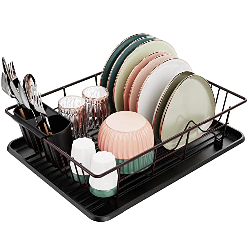 GSlife Dish Drying Rack with Drainboard - Dish Racks for Kitchen Counter, Dish Drainer with Utensil Holder, No Drain Spout, Bronze