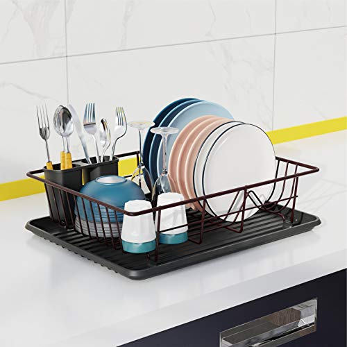 GSlife Dish Drying Rack with Drainboard - Dish Racks for Kitchen Counter, Dish Drainer with Utensil Holder, No Drain Spout, Bronze