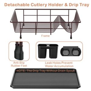 GSlife Dish Drying Rack with Drainboard - Dish Racks for Kitchen Counter, Dish Drainer with Utensil Holder, No Drain Spout, Bronze