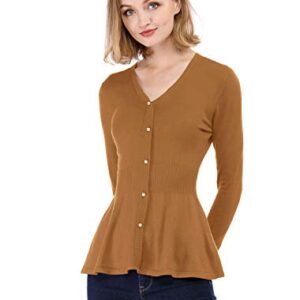 Allegra K Women's Peplum Sweater Ribbed V Neck Long Sleeve Knit Peplum Tops X-Small Brown