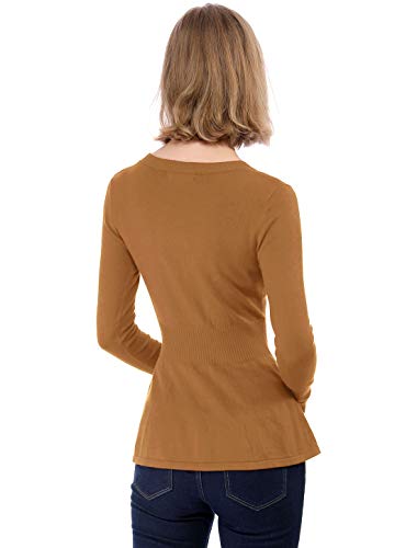 Allegra K Women's Peplum Sweater Ribbed V Neck Long Sleeve Knit Peplum Tops X-Small Brown