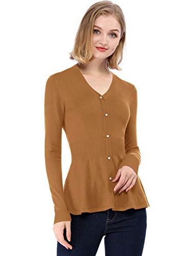 Allegra K Women's Peplum Sweater Ribbed V Neck Long Sleeve Knit Peplum Tops X-Small Brown