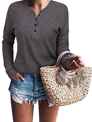 Womens Henley Shirts V Neck Long Sleeve Button Down Tops Warm Waffle Knit Tees (Large, Dark Grey)