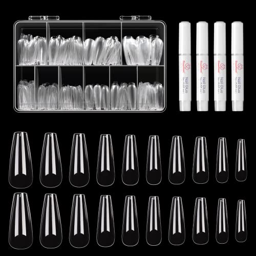 Beetles Long Coffin Fake Gel Nail Tips - 500Pcs Acrylic Press on Clear Artificial False Nails with Nail Glues for Acrylic Nail/Dip Powder Nails/Poly Nail Extension Gel Holiday Nails Art Design