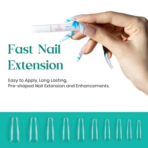 Beetles Long Coffin Fake Gel Nail Tips - 500Pcs Acrylic Press on Clear Artificial False Nails with Nail Glues for Acrylic Nail/Dip Powder Nails/Poly Nail Extension Gel Holiday Nails Art Design