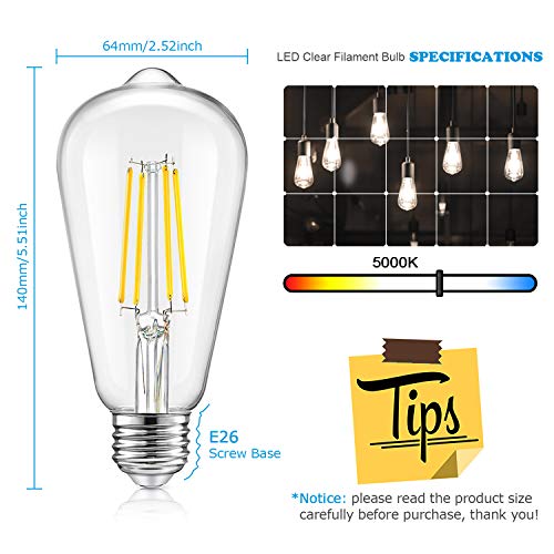 Vintage LED Dimmable Edison Light Bulbs 100W Incandescent Equivalent, 8W 1200Lumens, E26 Base LED Filament Bulb, 5000K Daylight White, ST64/ST21 Antique Clear Glass for Home, Reading, Bathroom, 4-Pack