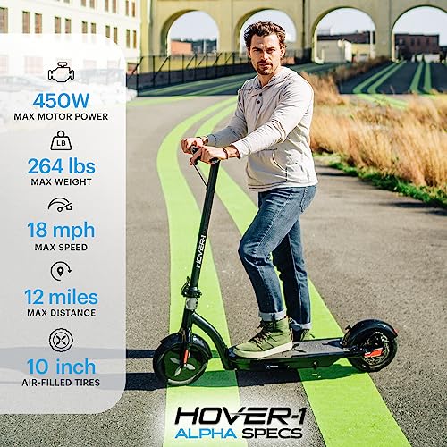 Hover-1 Alpha Foldable Electric Scooter with 450W Brushless Motor, 18 mph Max Speed, 10” Air-Filled Tires and 12 Mile Range