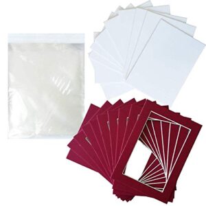 studio 500, pack of 10 red pre-cut picture mat 8x10 inches for 5x7 pictures; red matt with white core bevel cut mattes sets + backing board + clear plastic bags (pack of 10 red 8x10 complete set)