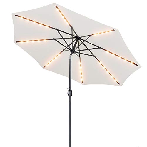 Patio Watcher 9 Feet Solar Umbrella 40 LED Lighted Patio Umbrella Outdoor Umbrella with Push Button Tilt and Crank, 8 Steel Ribs, Light Beige