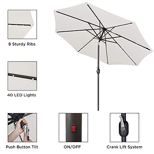 Patio Watcher 9 Feet Solar Umbrella 40 LED Lighted Patio Umbrella Outdoor Umbrella with Push Button Tilt and Crank, 8 Steel Ribs, Light Beige