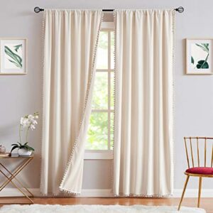 Pom-Pom Cream Velvet Curtain 84inches Long Window Drapes for Living Room Cotton Feel Soft Ivory Window Curtains for Bedroom Hotel Guest Room 42" W 2Panels