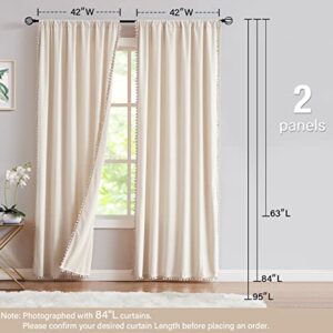 Pom-Pom Cream Velvet Curtain 84inches Long Window Drapes for Living Room Cotton Feel Soft Ivory Window Curtains for Bedroom Hotel Guest Room 42" W 2Panels