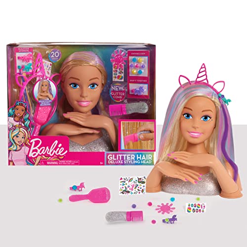 Barbie Deluxe 20-Piece Glitter and Go Styling Head, Blonde Hair and Unicorn Headband, Kids Toys for Ages 5 Up by Just Play