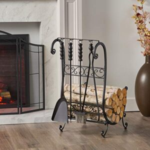 Christopher Knight Home Gloria Log Rack and Tool Set, Matte Black