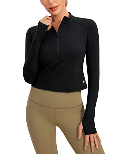 CRZ YOGA Women's Long Sleeve Crop Top Quick Dry Cropped Workout Shirts Half Zip Pullover Running Athletic Shirt Black Small