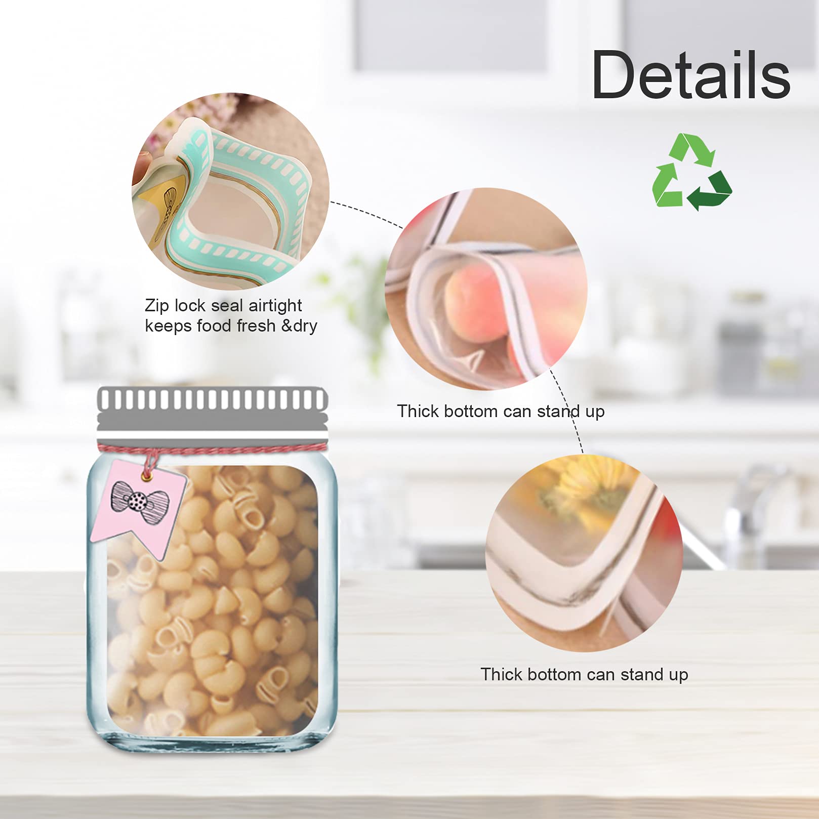 Enkrio 20 Pcs Mason Jar Bags Cute Jar Zipper Bag Reusable Food Storage Bags Snack Bags Sandwich Bags Mason Jar Bottles Bag Leak-Proof Airtight Sealed Storage Bags for Kitchen Travel Camping