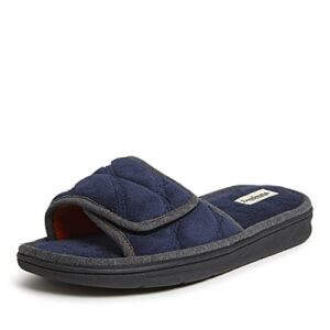 dearfoams men's indoor/outdoor adjustable machine washable memory foam terry slide slipper, navy blazer (quilted), 11-12