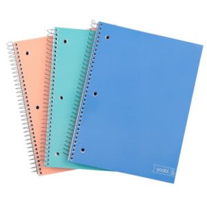 yoobi college ruled spiral notebook set — bulk 3-pack of 3 subject notebooks, blue, mint green & blush pink colors — 150 perforated, 3-hole punched sheets, for school, office & home — 10.5” x 8”