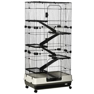 pawhut 60" small animal cage with wheels, 6-level portable bunny cage, chinchilla ferret cage with removable tray, platforms and ramps, black