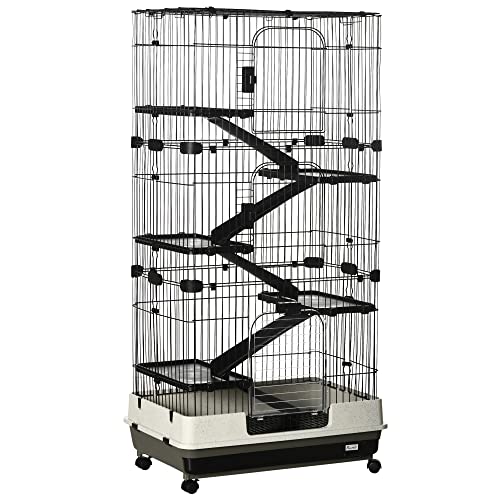 PawHut 60" Small Animal Cage with Wheels, 6-Level Portable Bunny Cage, Chinchilla Ferret Cage with Removable Tray, Platforms and Ramps, Black