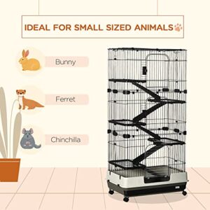 PawHut 60" Small Animal Cage with Wheels, 6-Level Portable Bunny Cage, Chinchilla Ferret Cage with Removable Tray, Platforms and Ramps, Black