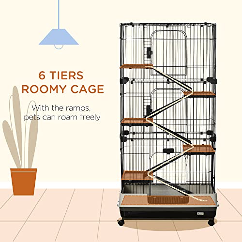 PawHut 60" Small Animal Cage with Wheels, 6-Level Portable Bunny Cage, Chinchilla Ferret Cage with Removable Tray, Platforms and Ramps, Black