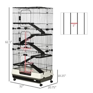 PawHut 60" Small Animal Cage with Wheels, 6-Level Portable Bunny Cage, Chinchilla Ferret Cage with Removable Tray, Platforms and Ramps, Black