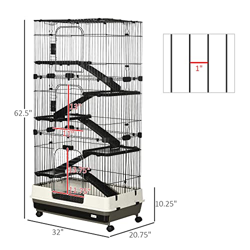 PawHut 60" Small Animal Cage with Wheels, 6-Level Portable Bunny Cage, Chinchilla Ferret Cage with Removable Tray, Platforms and Ramps, Black