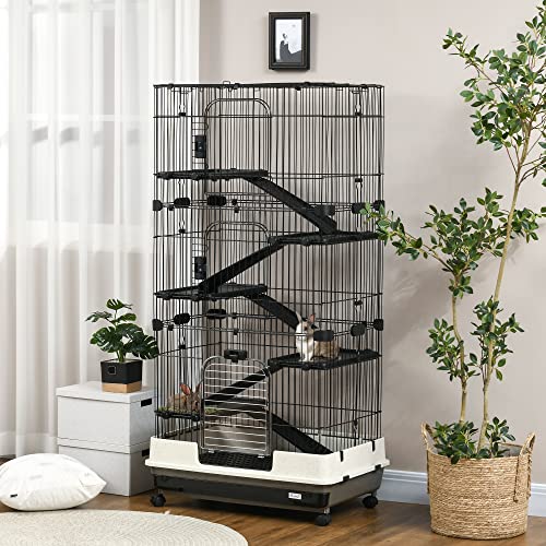 PawHut 60" Small Animal Cage with Wheels, 6-Level Portable Bunny Cage, Chinchilla Ferret Cage with Removable Tray, Platforms and Ramps, Black