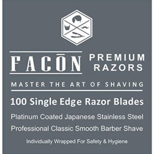 100 Facón Platinum Japanese Stainless Steel Single Edge Razor Blades for Professional Barber Straight Razor - 200+ Shaves