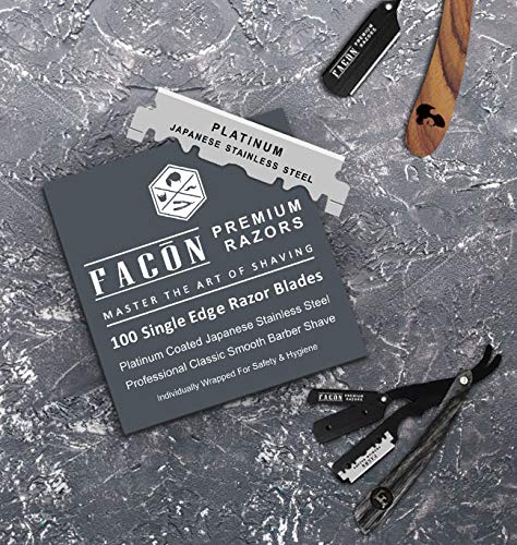 100 Facón Platinum Japanese Stainless Steel Single Edge Razor Blades for Professional Barber Straight Razor - 200+ Shaves