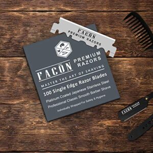 100 Facón Platinum Japanese Stainless Steel Single Edge Razor Blades for Professional Barber Straight Razor - 200+ Shaves