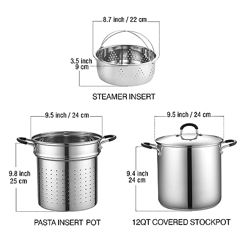 Cook N Home 4-Piece Stainless Steel Pasta Cooker Steamer Multipots, 12 Quart, Silver