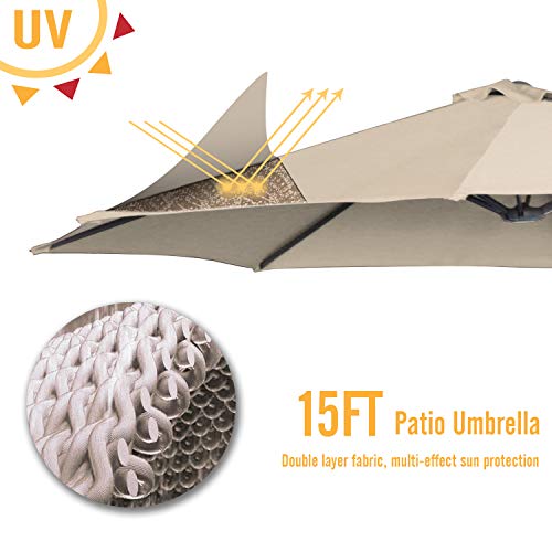 AECOJOY 15x9ft Double-Sided Patio Umbrella Outdoor Market Umbrella Large Sunbrella Table Umbrellas with Crank Air Vents for Deck Pool Patio (1.9" Pole,Beige)