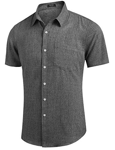 COOFANDY Mens Shirt Chambray Oxford Dress Business Work, Black, X-Large, Short Sleeve