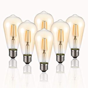 hession vintage edison led bulb, 6-pack st58 e26 base 40 watt equivalent, warm white 2200k-2700k, antique vintage style light, squirrel cage filament edison light bulbs amber glass, dimmable