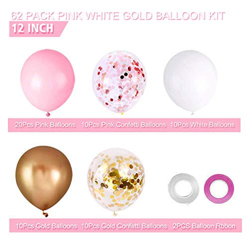 OuMuaMua 62Pcs Pink Gold Confetti Latex Balloons Kit, 12 Inch Pink White Gold Helium Balloons Party Supplies for Confession Proposal Wedding Girl Birthday Baby Shower Party Decoration