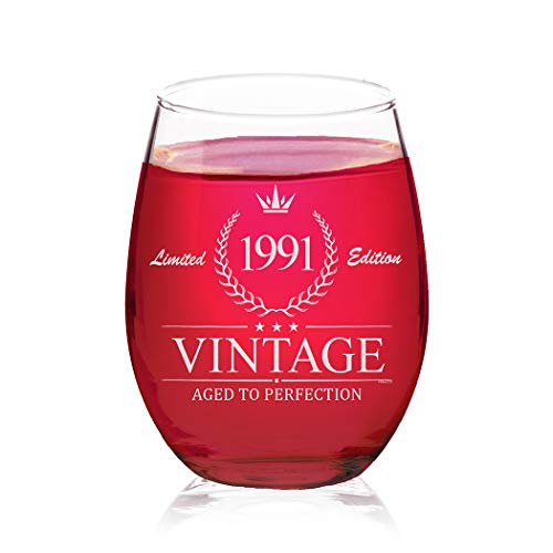 Veracco Vintage 1991 Limited Adition Stemless Wine Glass 30th Birthday Gift For Him Her Thirty and Fabulous