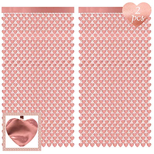 Rose Gold Heart Foil Curtain 2 Pcs - Metallic Fringe Tinsel - Bachelorette Party Decorations, Birthday Backdrop, Wedding Photo Booth, Engagement, Bridal Shower (Rose Gold)