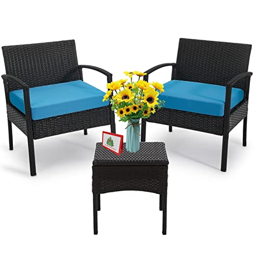 HOMEZILLIONS 3 Piece Patio Set Balcony Furniture Outdoor Patio Conversation Sets Patio Chairs for Patio, Porch, Backyard, Balcony, Poolside and Garden with Coffe Table and Cushions Blue