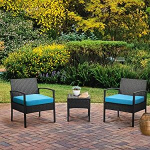 HOMEZILLIONS 3 Piece Patio Set Balcony Furniture Outdoor Patio Conversation Sets Patio Chairs for Patio, Porch, Backyard, Balcony, Poolside and Garden with Coffe Table and Cushions Blue