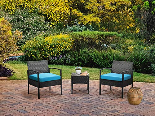 HOMEZILLIONS 3 Piece Patio Set Balcony Furniture Outdoor Patio Conversation Sets Patio Chairs for Patio, Porch, Backyard, Balcony, Poolside and Garden with Coffe Table and Cushions Blue