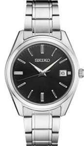 seiko sur311 watch for men - essentials collection - black dial, date calendar, lumibrite hands, stainless steel case & bracelet, and 100m water resistant