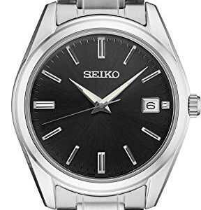 SEIKO SUR311 Watch for Men - Essentials Collection - Black Dial, Date Calendar, LumiBrite Hands, Stainless Steel Case & Bracelet, and 100m Water Resistant