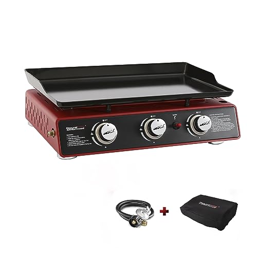 Royal Gourmet PD1301R Portable 24-Inch 3-Burner Table Top Gas Grill Griddle with Cover, 25,500 BTUs, Outdoor Cooking Camping or Tailgating, Red